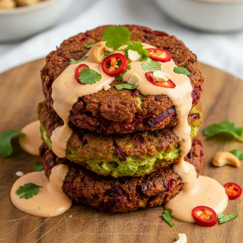 Crispy Beetroot Avocado Fritter Stack with Spicy Cashew Sauce · All ...