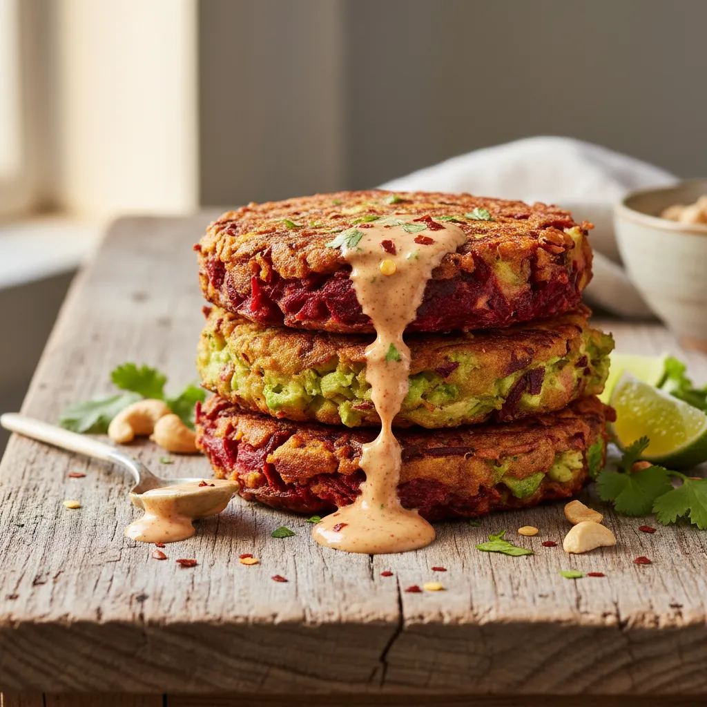 Crispy Beetroot Avocado Fritter Stack with Spicy Cashew Sauce · All ...