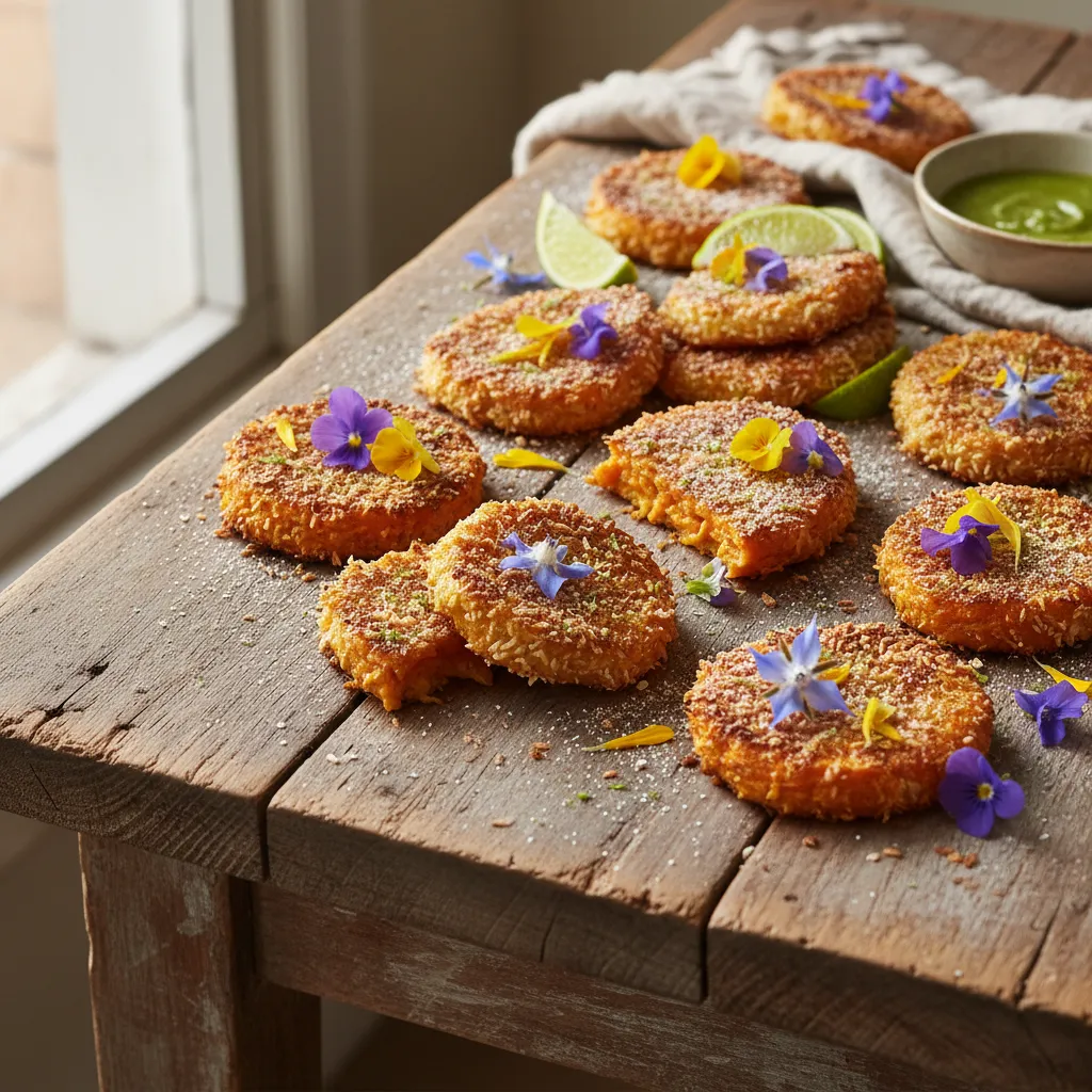 Crispy Coconut Lime Sweet Potato Bites with Edible Flower Garnish · All ...